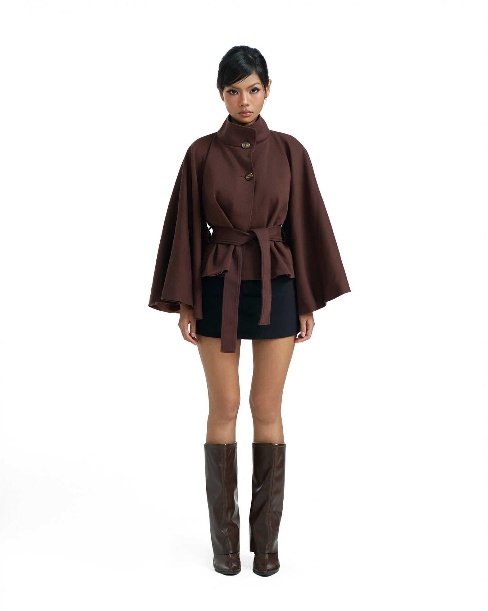 02 Brown High Collar Cape Jacket – IMJEN